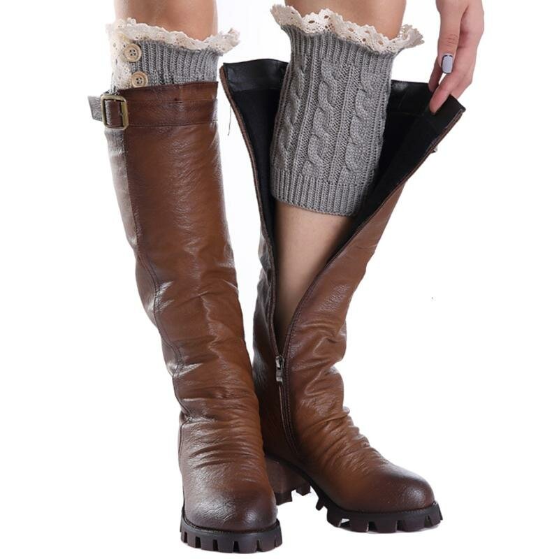 Женские вязаные гольфы с кружевной отделкой и пуговицами, светло - серый