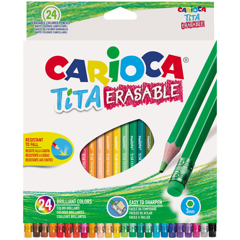 2 шт. Карандаши цветные пластиковые стираемые Carioca "Tita Erasable", 24цв, заточен, картон, европодвес
