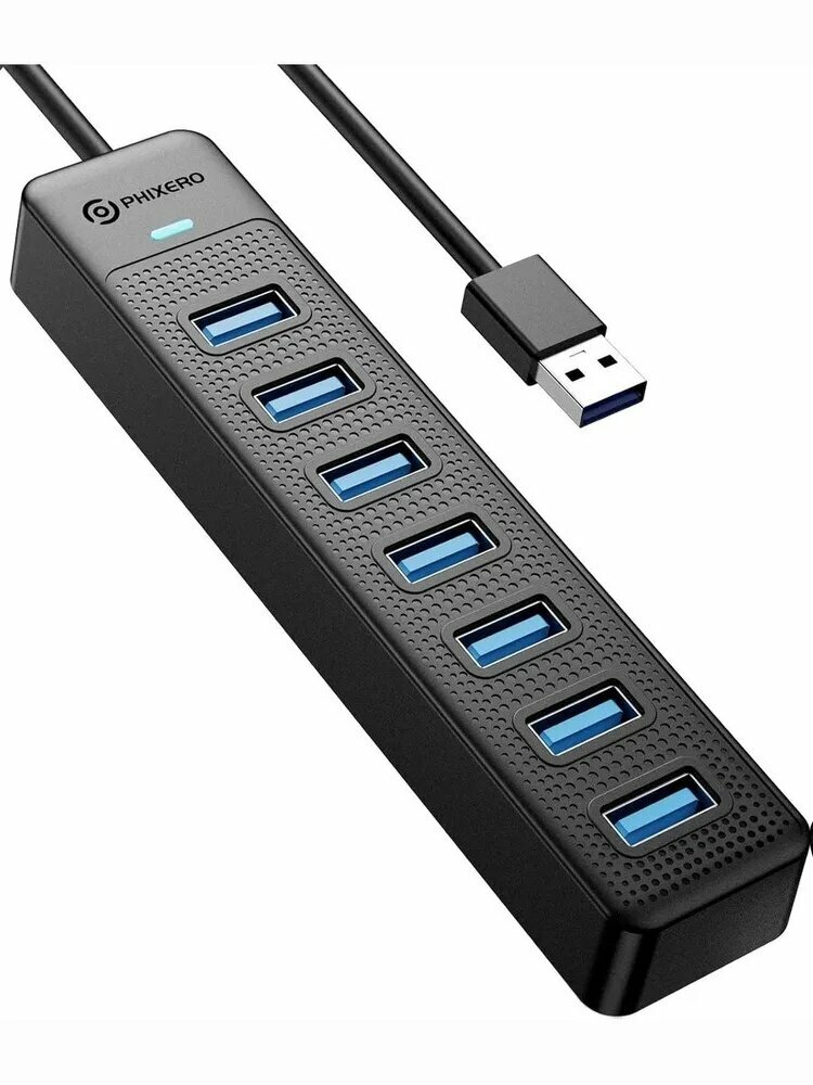 PHIXERO USB-хаб на 7 портов 3.0, 5 Гбит/с, с питанием Type-C и кабелем 1 м. Для ПК, ноутбука, жесткого диска, периферии