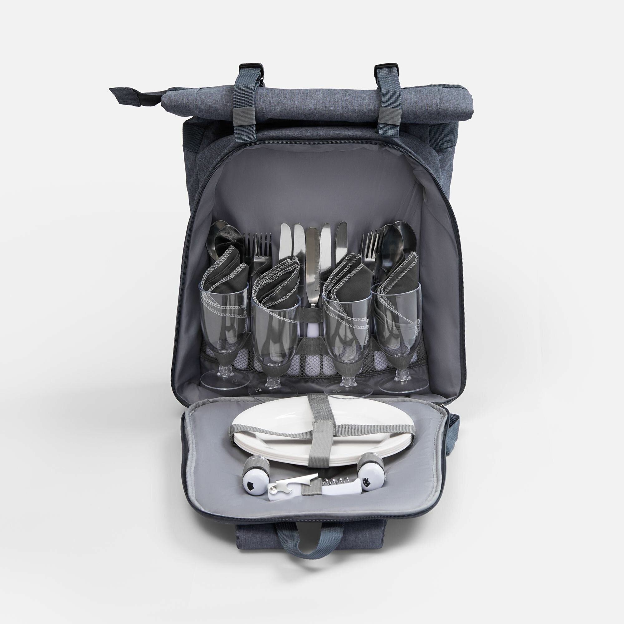Набор для пикника походная посуда на 4 персоны термосумка терморюкзак, Picnivo, темно-серый меланж, подарочный