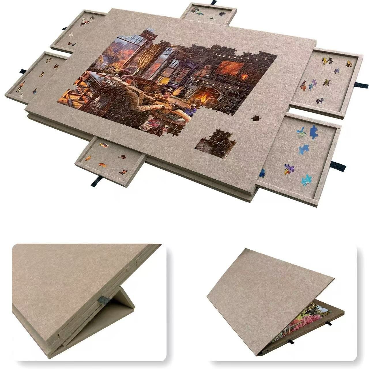 Коврик-стол для пазлов с ящиками, Стол коврик для сборки пазлов глубокий каштановый цвет