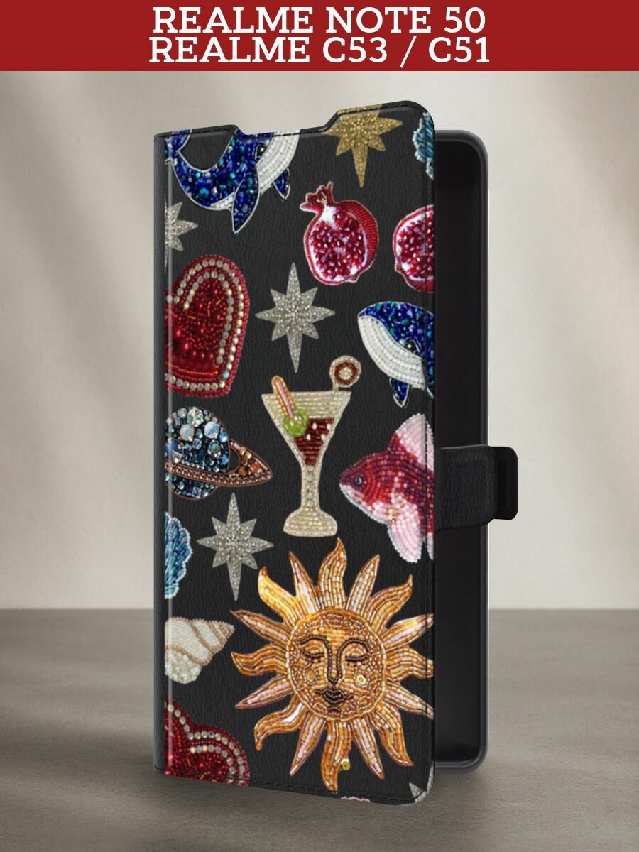 Чехол-книжка на Realme C53/C51/Note 50 / Реалми С53/С51/Ноте 50 с принтом Паттерн из страз, черный