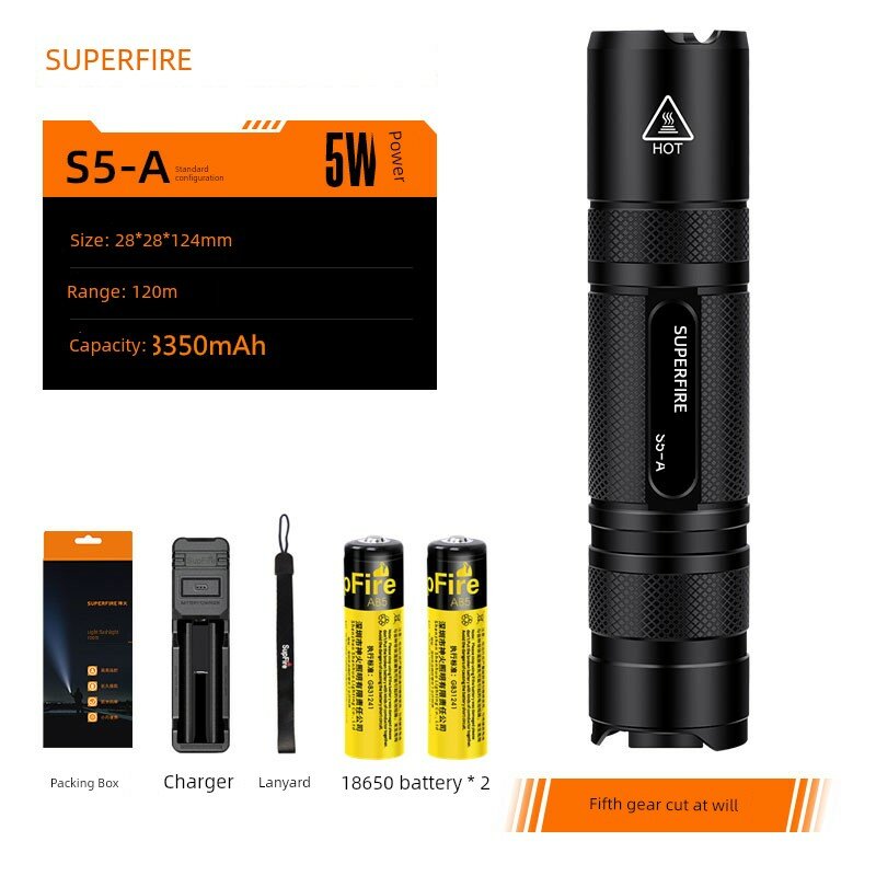 SupFire S5-A 5W перезаряжаемый водонепроницаемый фонарик с 2x батареями 3350 мАч и зарядным устройством