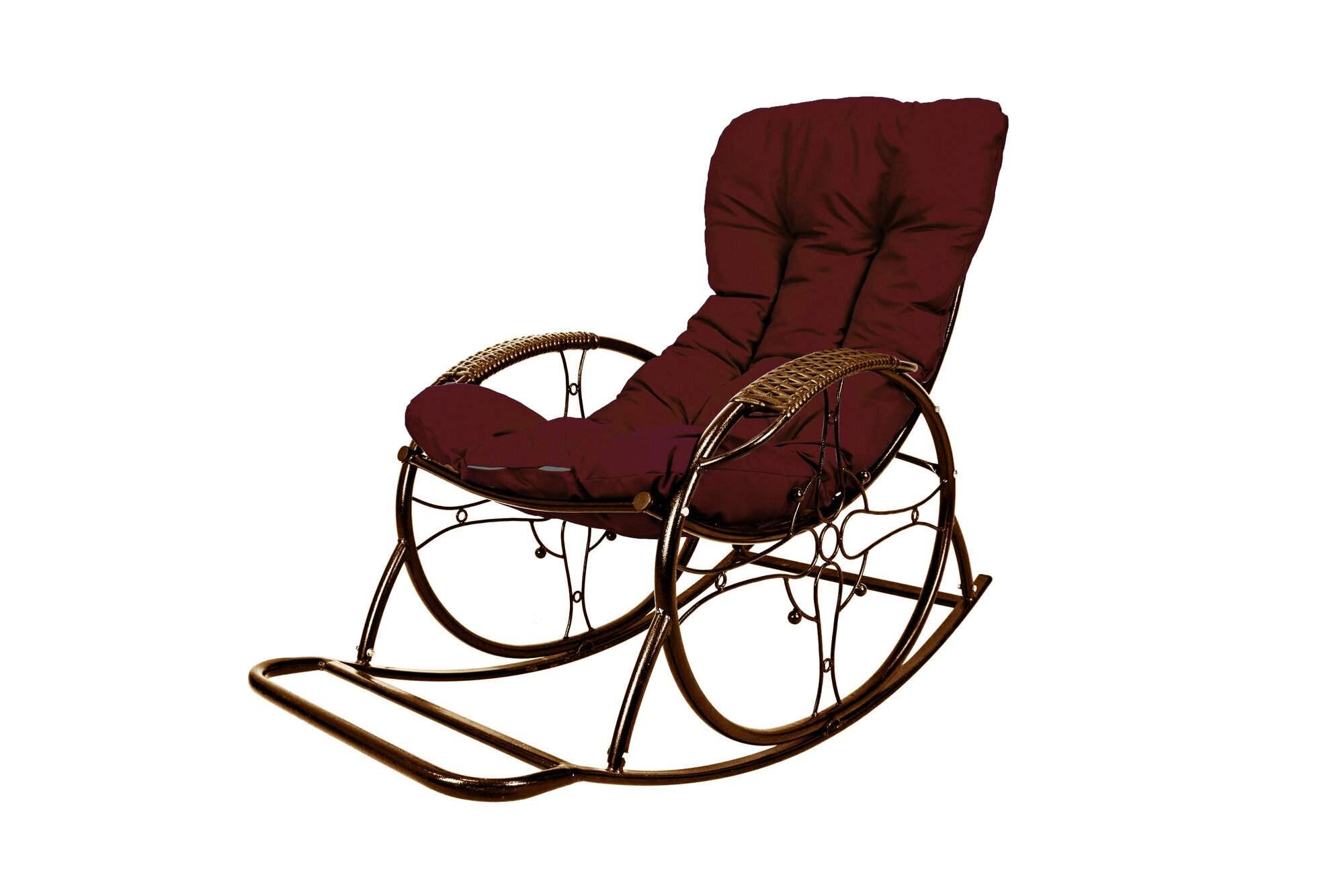 Кресло-качалка люкс коричневое, бордовая подушка