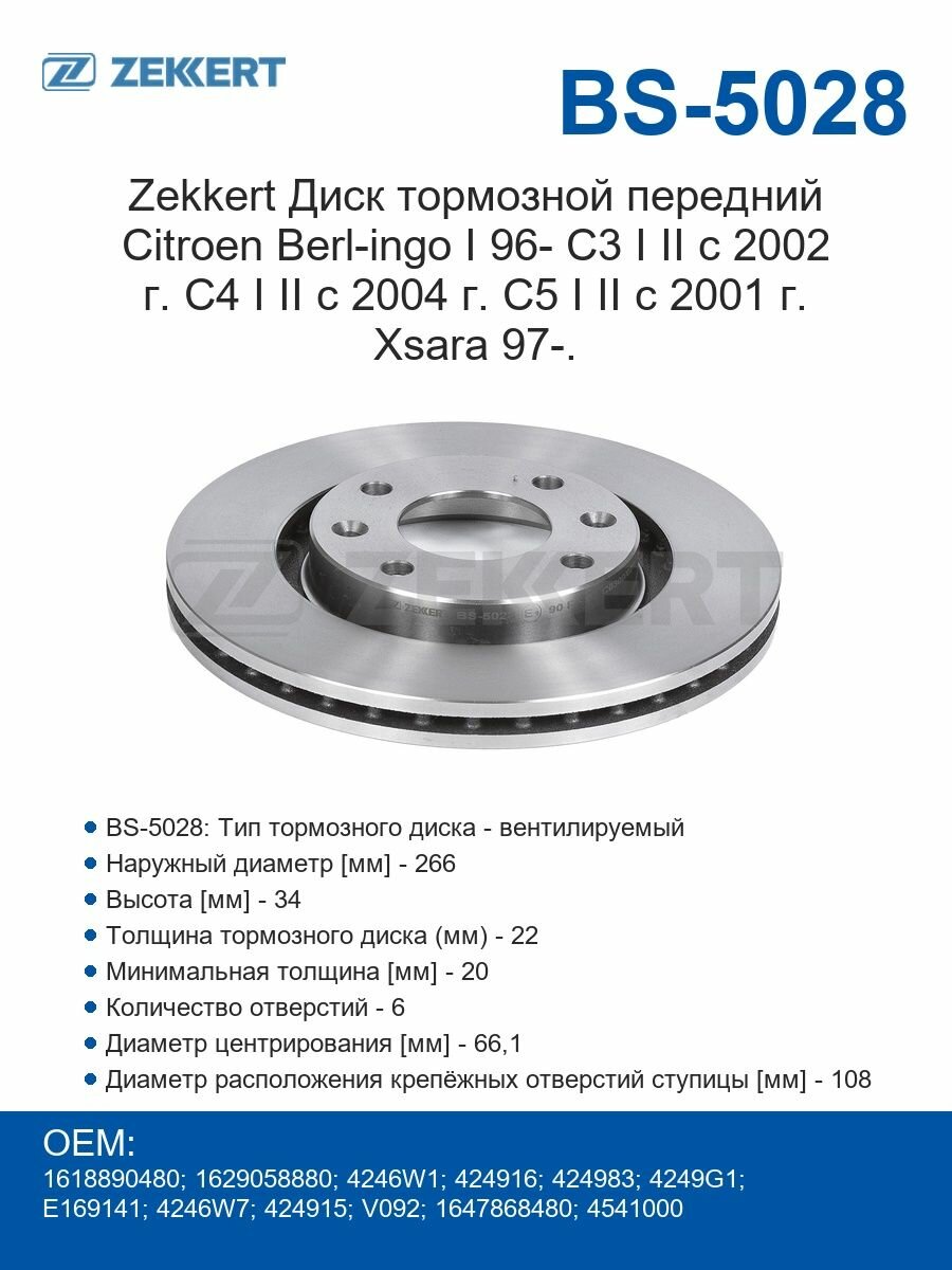 Zekkert Диск тормозной передний Citroen Berl-ingo I 96- C3 I II с 2002 г. C4 I II с 2004 г. C5 I II с 2001 г. Xsara 97-.