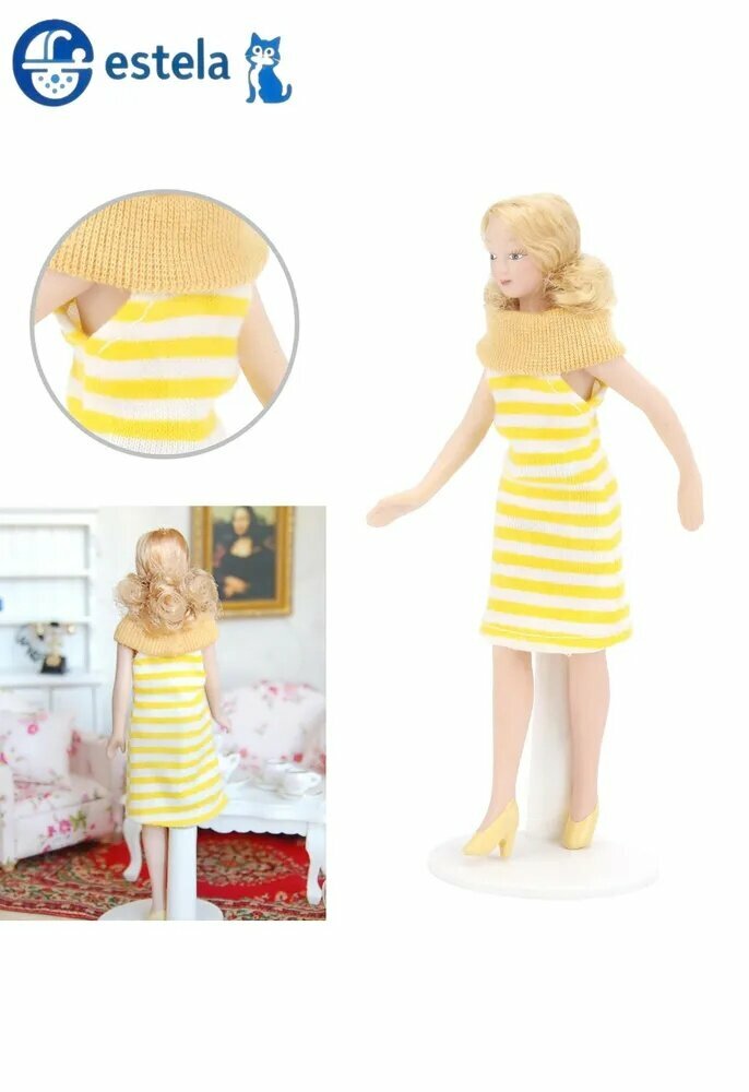 Кукла для кукольного домика, миниатюрная керамическая фигурка, блондинка в желтом платье, 1:12, 15.8 см