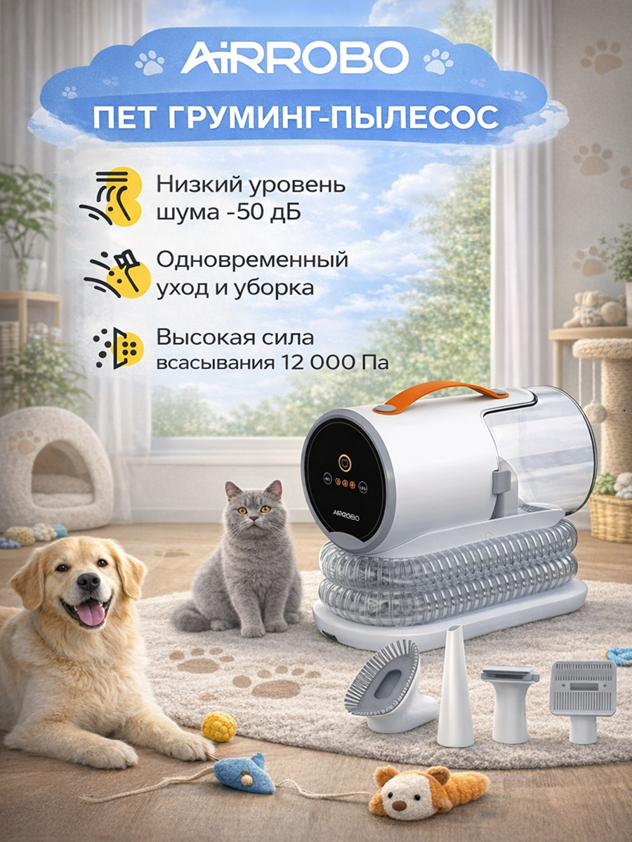 Кошки и собаки груминг-пылесос PG-100, 5 в 1 аксессуары в комплекте,12000pa,2 л, Шланг длиной 1,5 м, 600 Вт