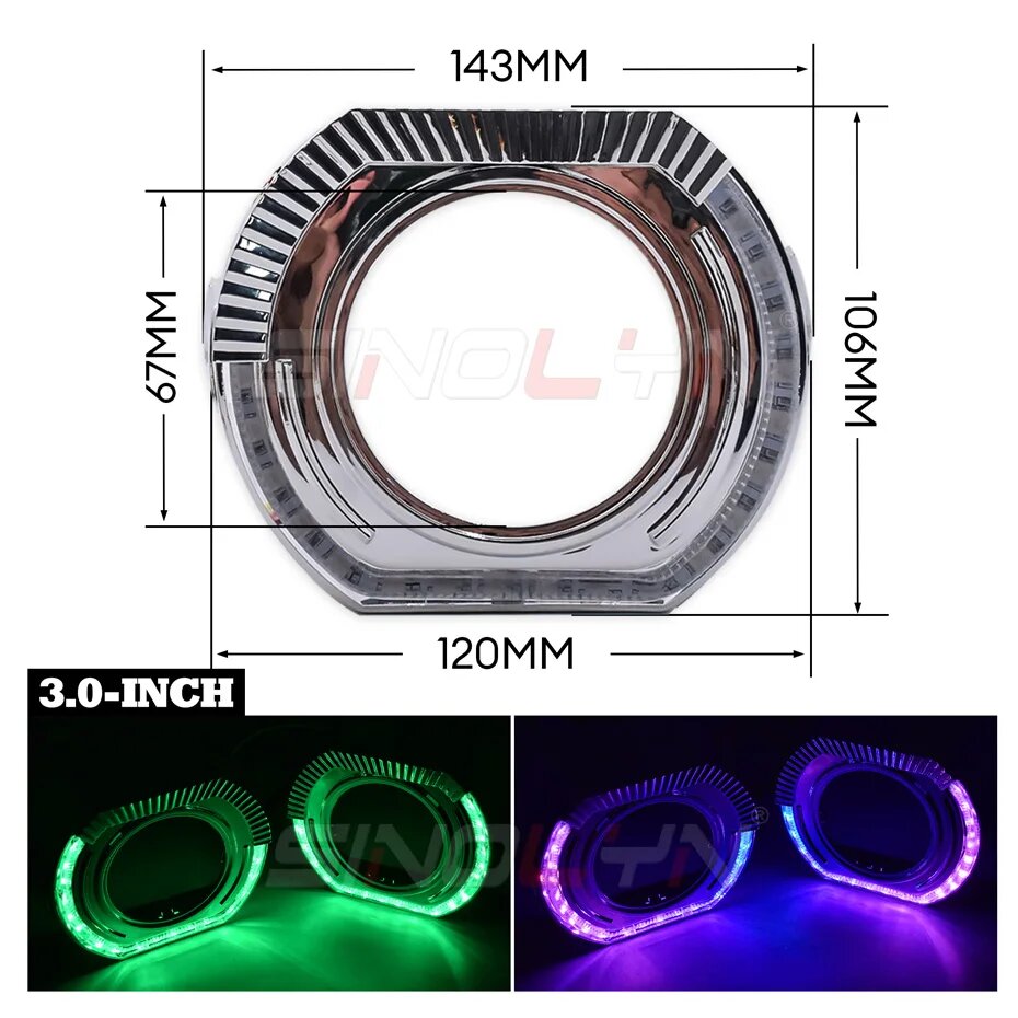 Sinolyn 2,5/3,0 дюймов RGB светодиодный ангельские глаза, кожухи для ксеноновых проекторов, вращающийся динамический сигнал поворота, плавная рамка ореола ангельские глазки маска для линзы 3 дюйма For Xenon led линзы 3.0 Silver Shrouds