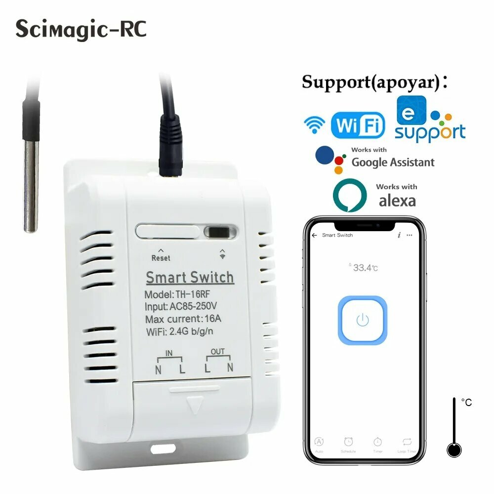 EWeLink Интеллектуальный датчик температуры Релейный модуль WiFi + RF433 AC 85-250 В 16 А реле датчиком температуры