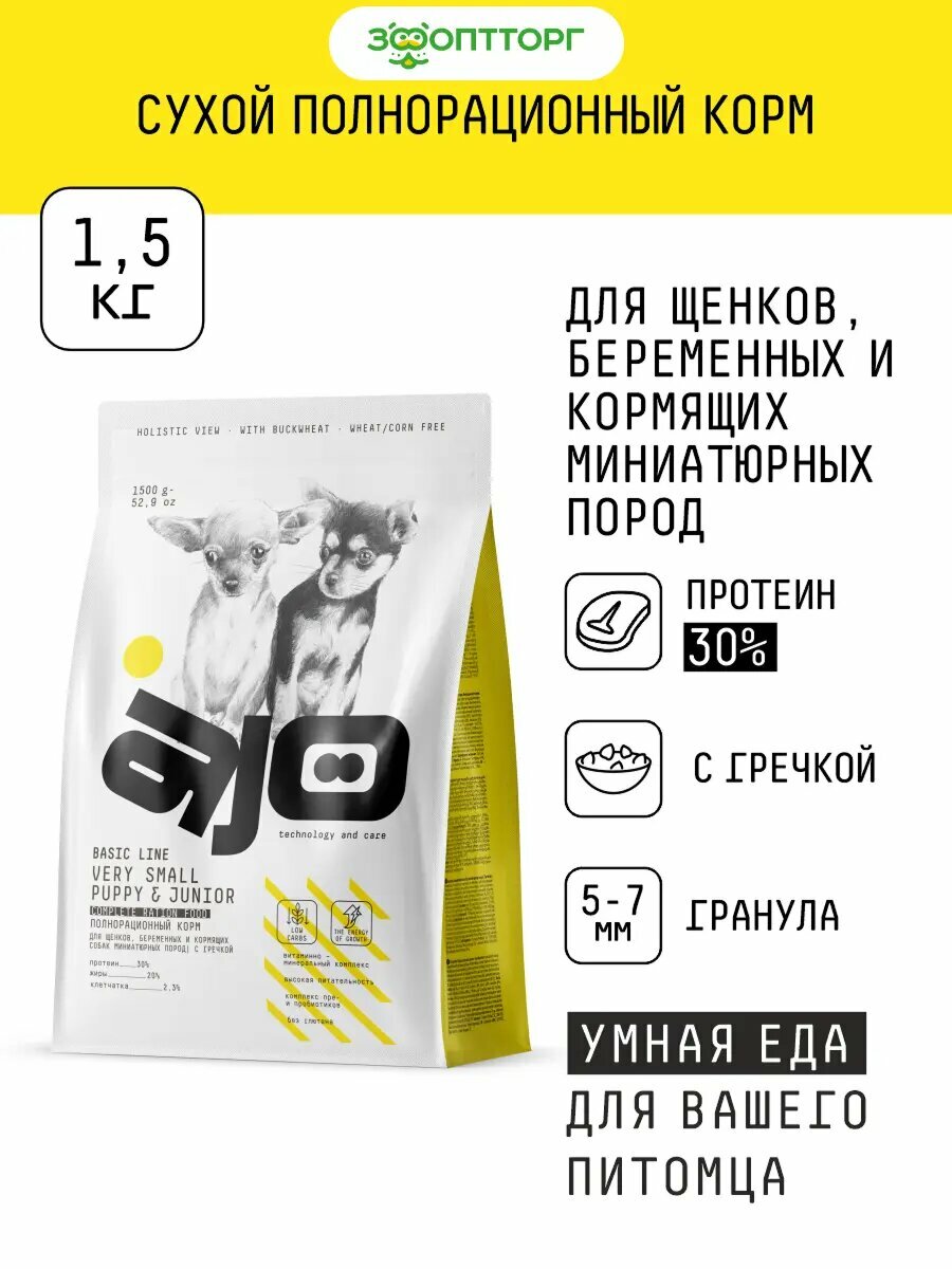 Сухой корм AJO Very Small Puppy & Junior полнорационный для щенков миниатюрных пород Индейка, 1,5 кг.