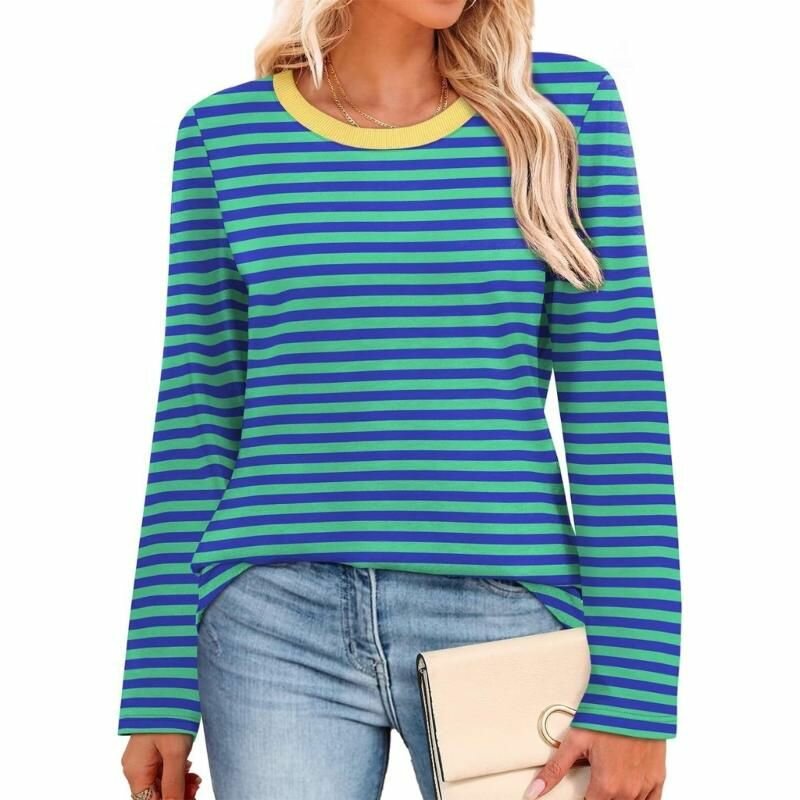 Женская полосатая футболка с длинными рукавами, Зеленый - M