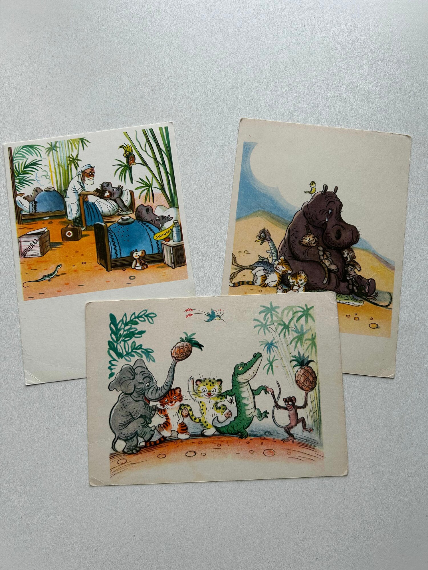 Винтажные открытки СССР К. И. Чуковский "Айболит" (комплект из 3-х открыток). Художник В. Г. Сутеев. Изданы в 1962 году