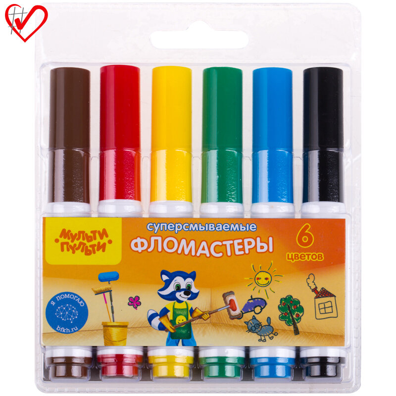 Фломастеры "Приключения Енота", 06цв, утолщенные, суперсмываемые, блистер, WP_19279