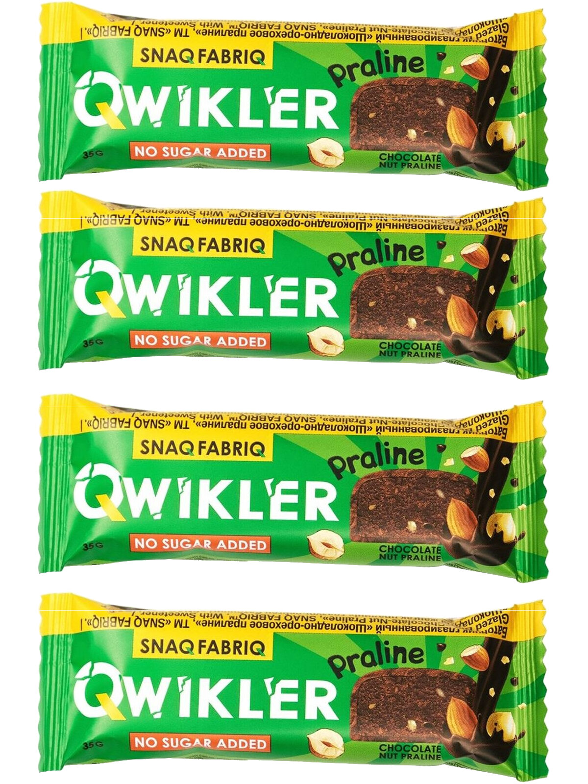 Протеиновый батончик SNAQ FABRIQ Шоколадный батончик без сахара "QWIKLER" (Квиклер) 4 x 35 г, Шоколадно-ореховое пралине
