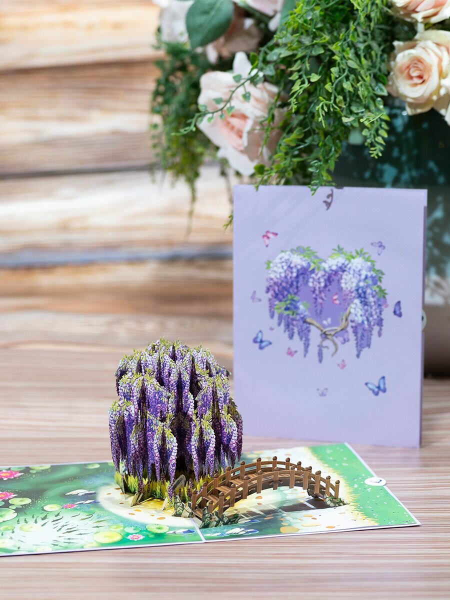 Открытка объёмная 3Д Сиреневое дерево и мост 15*20