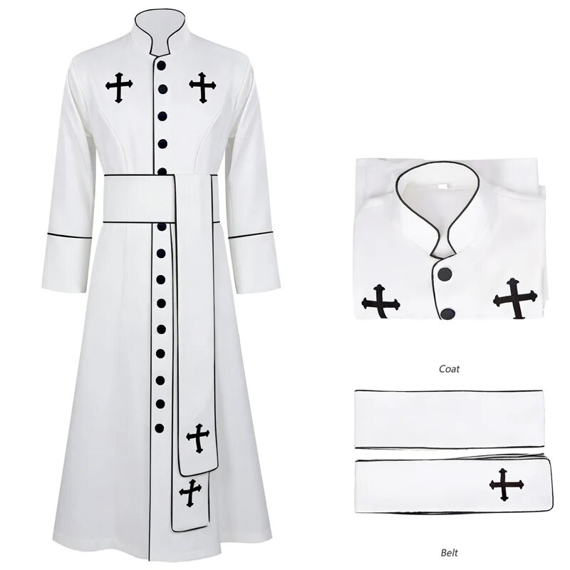 Черно-белый костюм священника для косплея Белый, XL, White