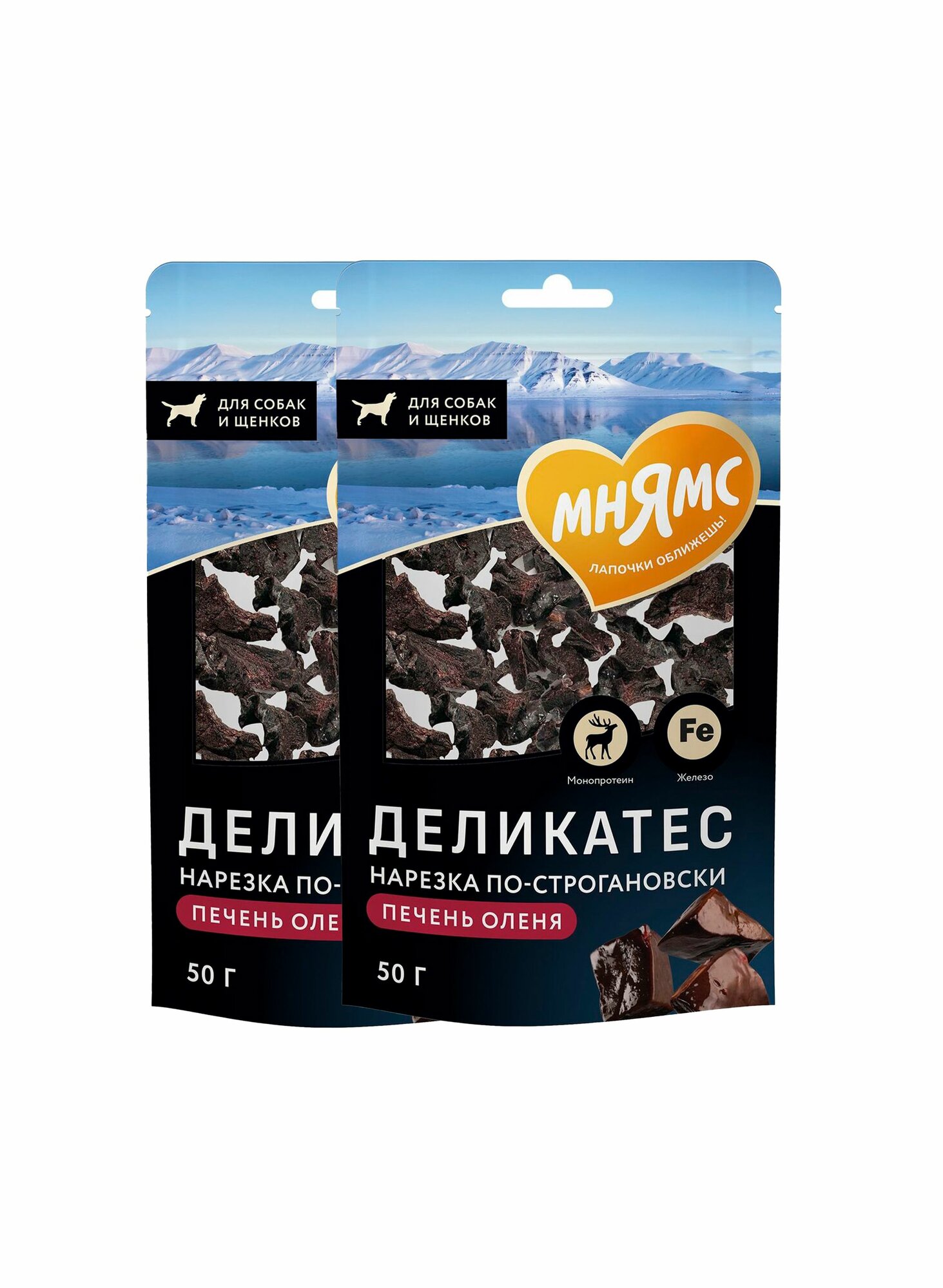 Лакомство Мнямс Деликатес Нарезка по-строгановски из печени северного оленя для собак 50 г x 2 шт.