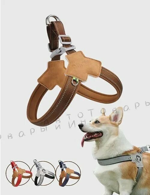 Шлейка для собак эргономичная с мягкой подкладкой. Регулируемая, для мелких, средних, крупных пород: такса, корги, хаски, пудель. Удобная застежка-фастекс, светоотражатели.