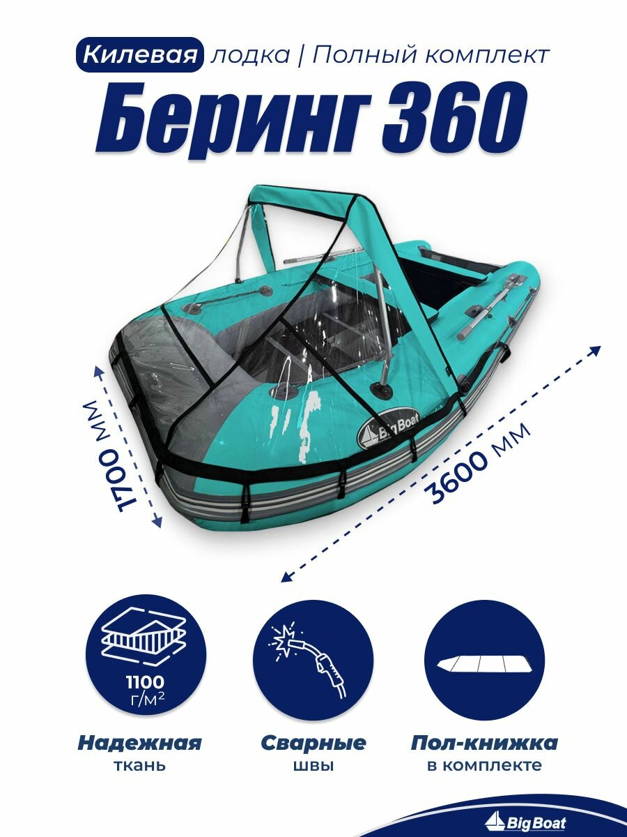 Надувная, под мотор, килевая лодка в полной комплектации (носовой тент, мягкие накладки) из ПВХ для рыбалки Bering (Беринг) 360к, пол-книжка
