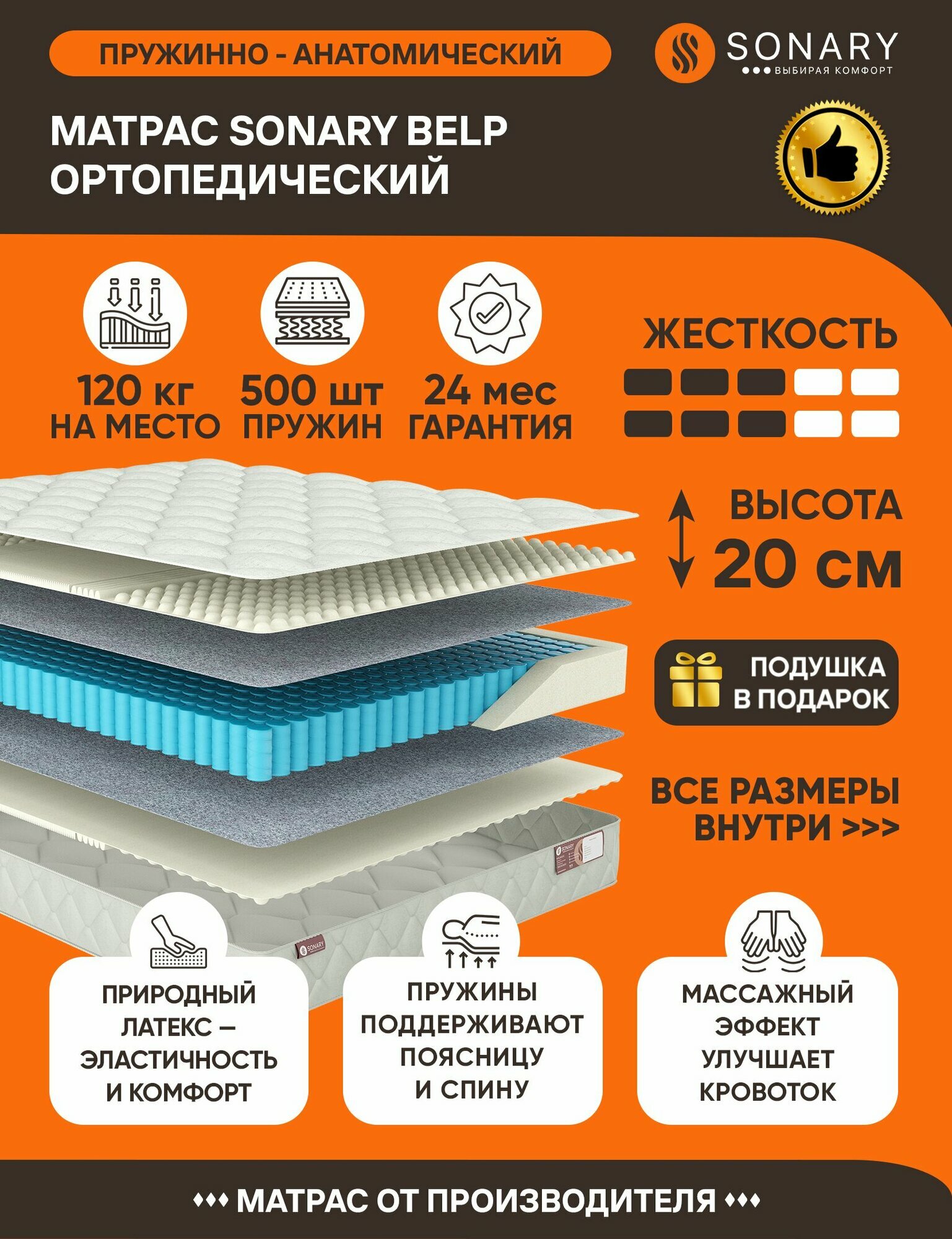 Матрас Sonary Belp 90х150 серии Relax высота 20 см анатомический средней жесткости латексный Независимые пружины