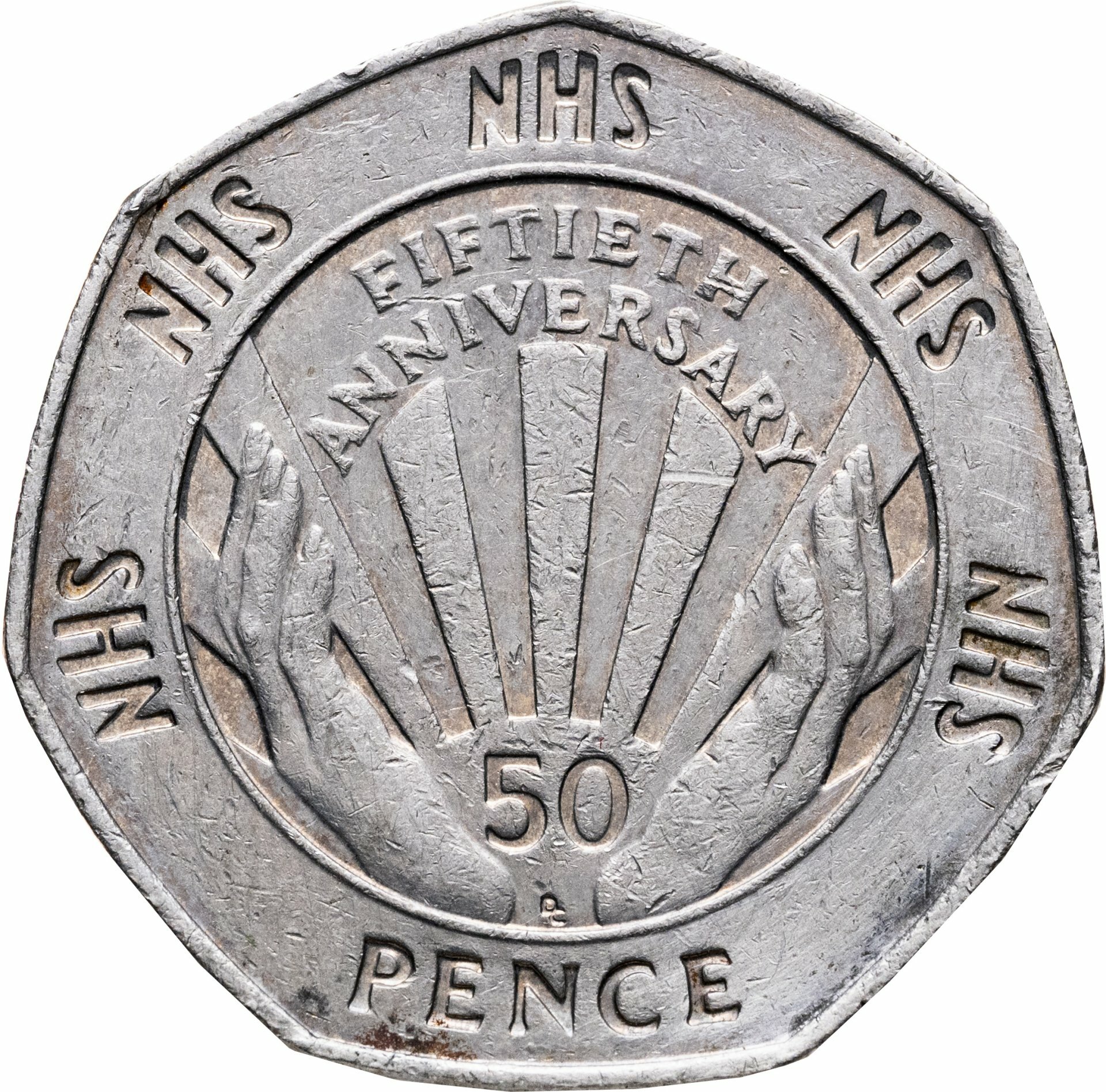 Великобритания 50 пенсов pence 1998 "50 лет национальной службе здравоохранения", Мельхиор медь-никель, в сохранности XF