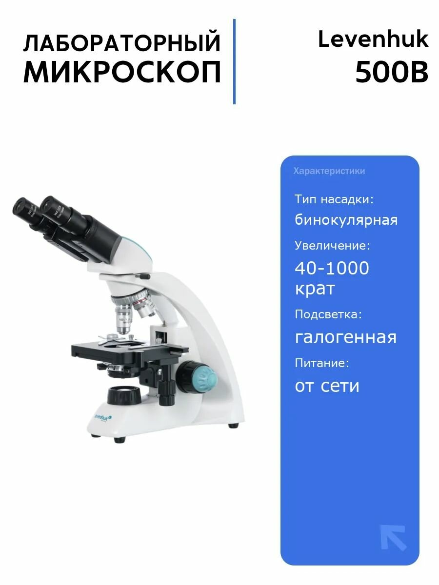 Микроскоп Levenhuk 500B, бинокулярный, ахроматическая оптика, 40-1000 крат, для микробиологии и медицины, галогенное освещение