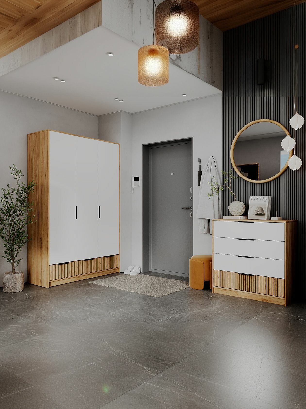 Прихожая комплект с ящиками, со штангой, с полками, Ивис Дуб Крафт золотой / Белый, фотопечать