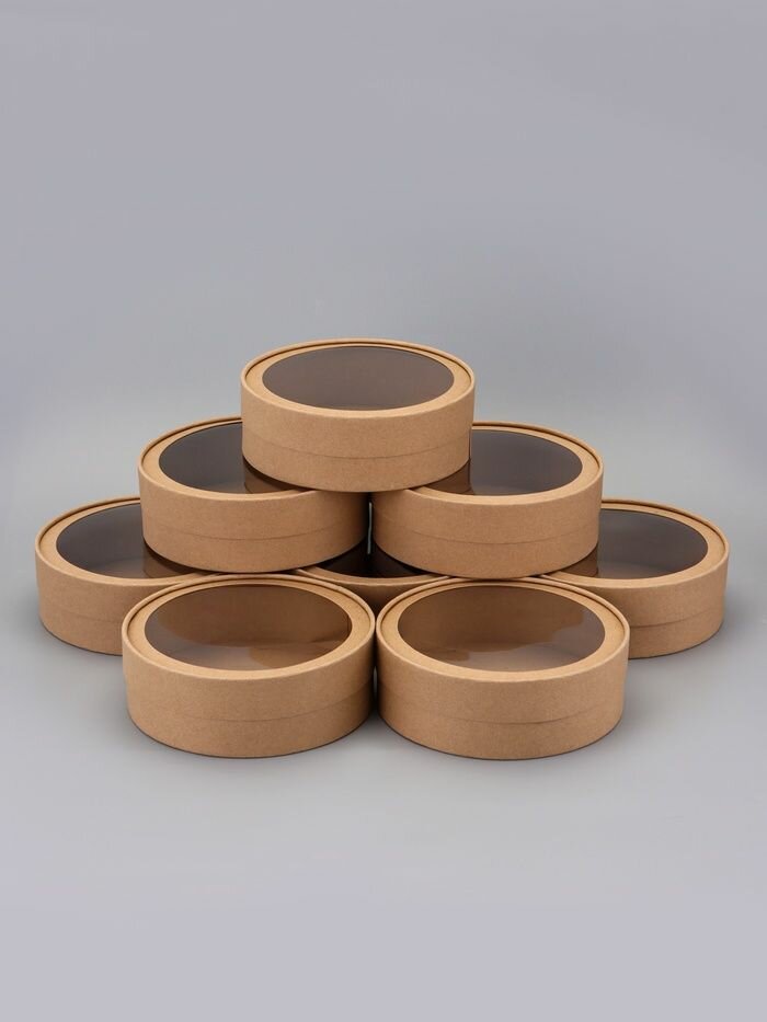 Набор круглых подарочных коробок, завальцованные с окном, крафт, набор 8 шт, 18 6 см