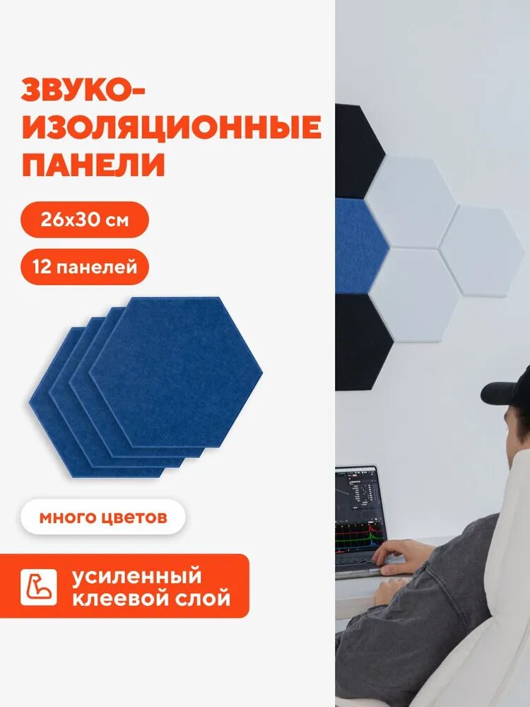 Акустические панели звукопоглощающие самоклеящиеся. Звукоизоляция для стен Hubox, 12 шт. соты, синий