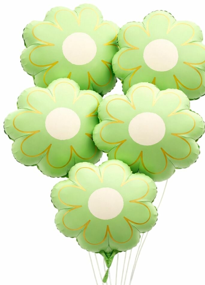 Набор воздушных шаров-фигур фольгированных "Ромашка. Золотые лепестки" 21", под воздух и гелий, надувной воздушный шарик из фольги, шар для фотозоны на праздник и день рождения, 5 шт, цвет зелёный
