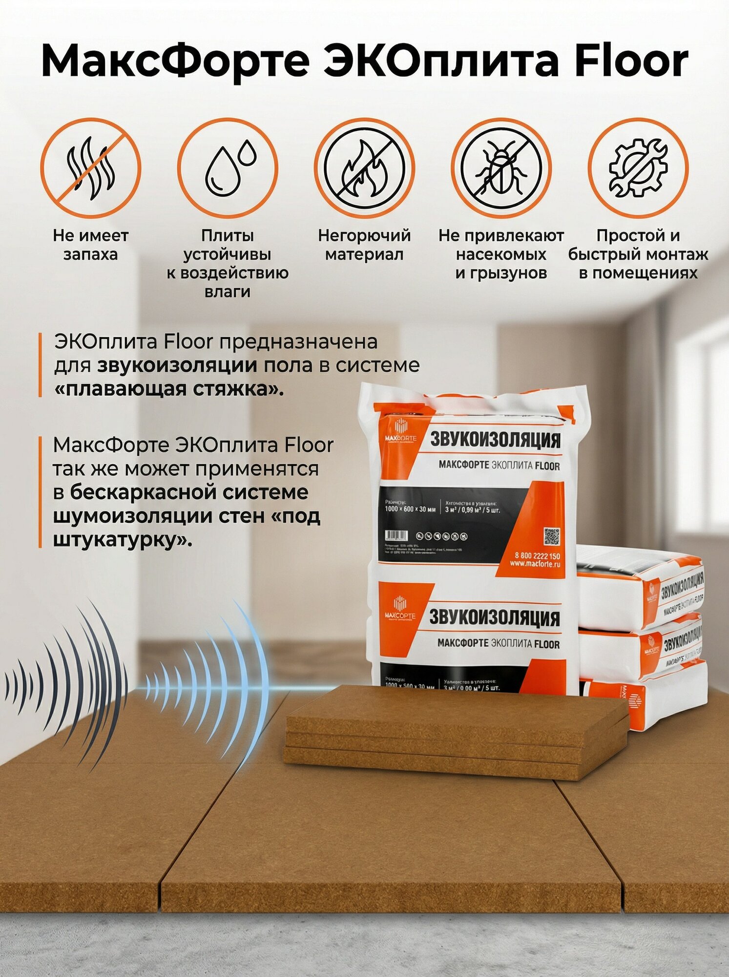 Звукоизоляция пола МаксФорте ЭКОплита Floor 3,6м2