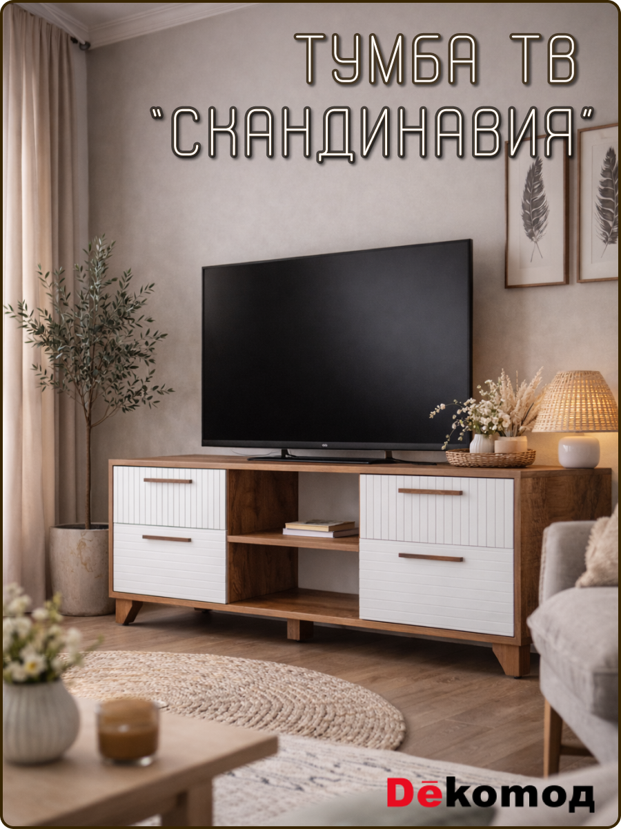 Тумба под телевизор Скандинавия с выдвижными ящиками и полками напольная, корпусная для ТВ из ЛДСП и МДФ, 1500х500х40мм