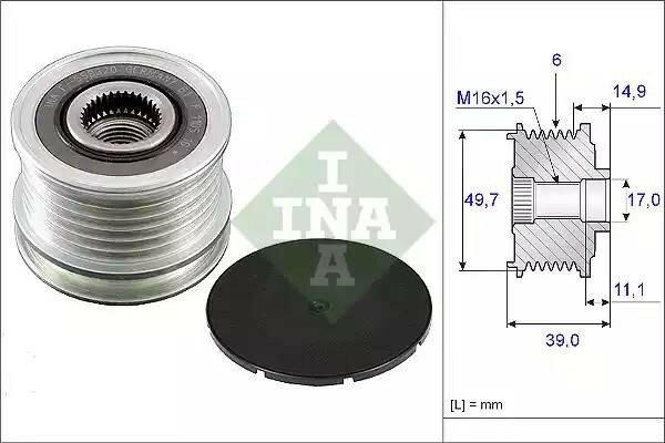 Шкив генератора INA 535005010 Mb W202, W210, Sprinter, VIto, Jeep Cherokee 3.5, 2.2-3.0d 97->