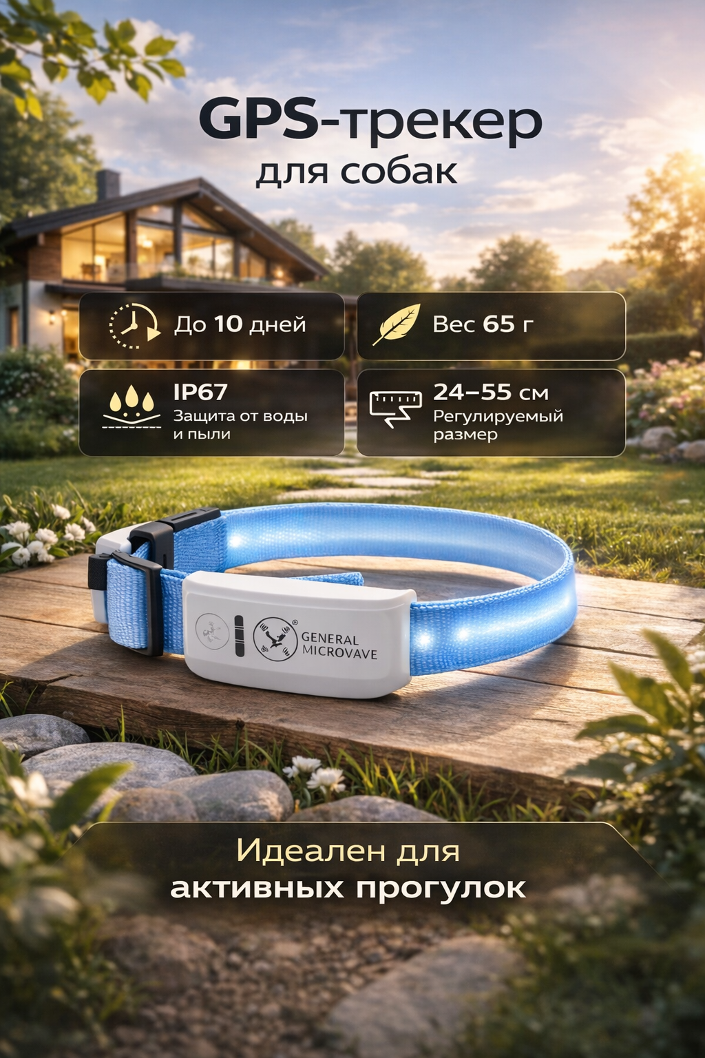 GPS/GSM трекер для собак и кошек 909 с LED-ошейником 24–55 см, до 10 дней работы, IP67, 65 г, морозостойкий