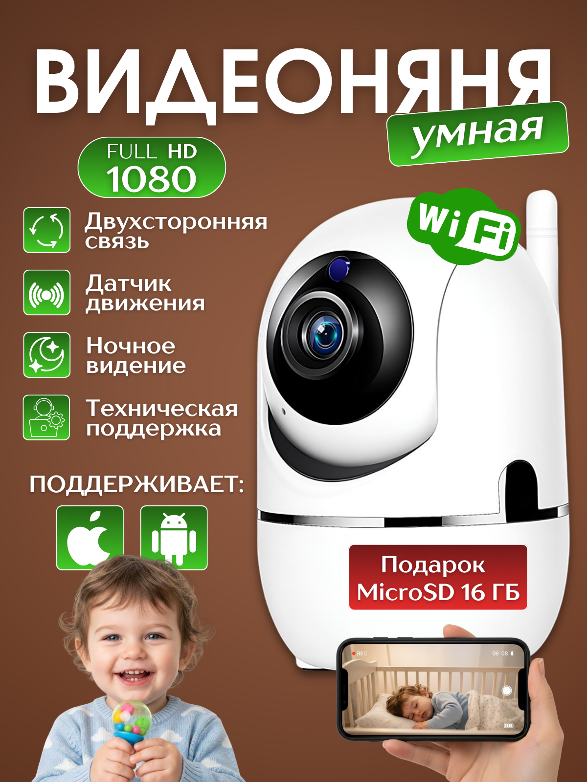 Видеоняня с телефона, Full HD, панорамный обзор 360°, с Wi-Fi и двусторонней связью