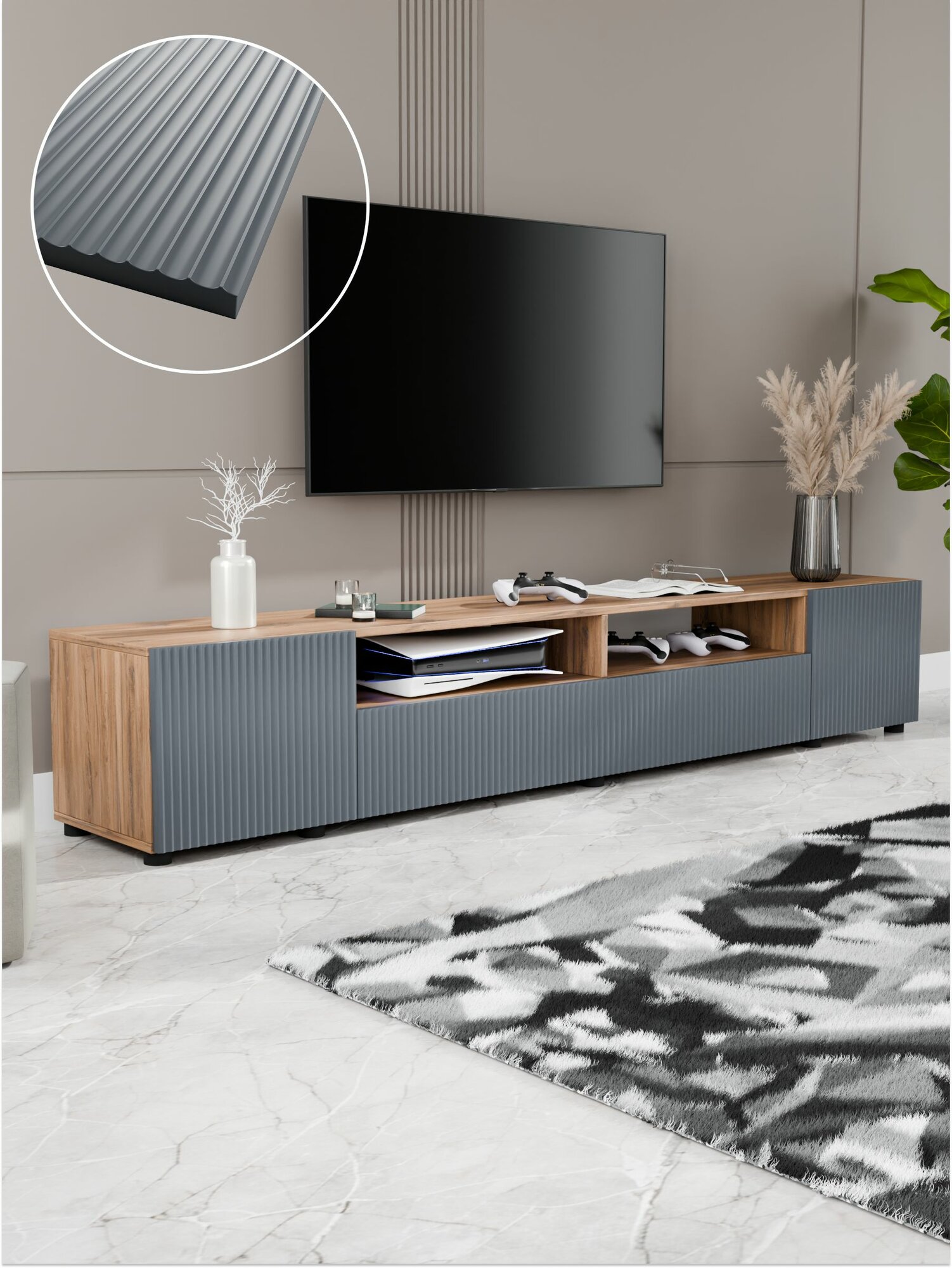 Изумлит Тумба под телевизор горизонт рифленый пленочный фасад 200х37.8х36.3 см, корпус дуб крафт табачный/ фасад графит матовый