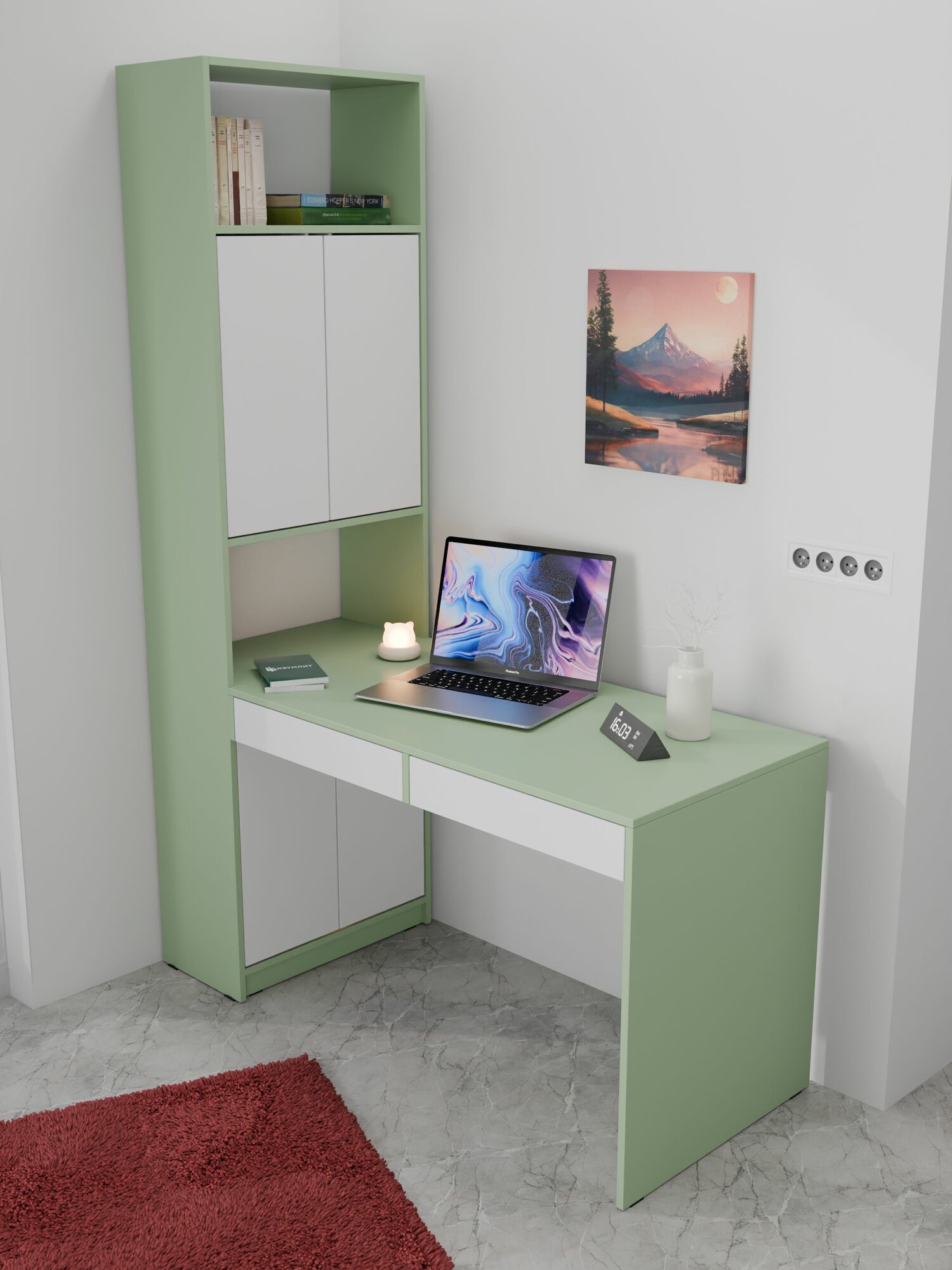 Изумлит Стол-стеллаж с дверьми письменный угловой, стеллаж слева 200х140х59.2 см, мятный-белый