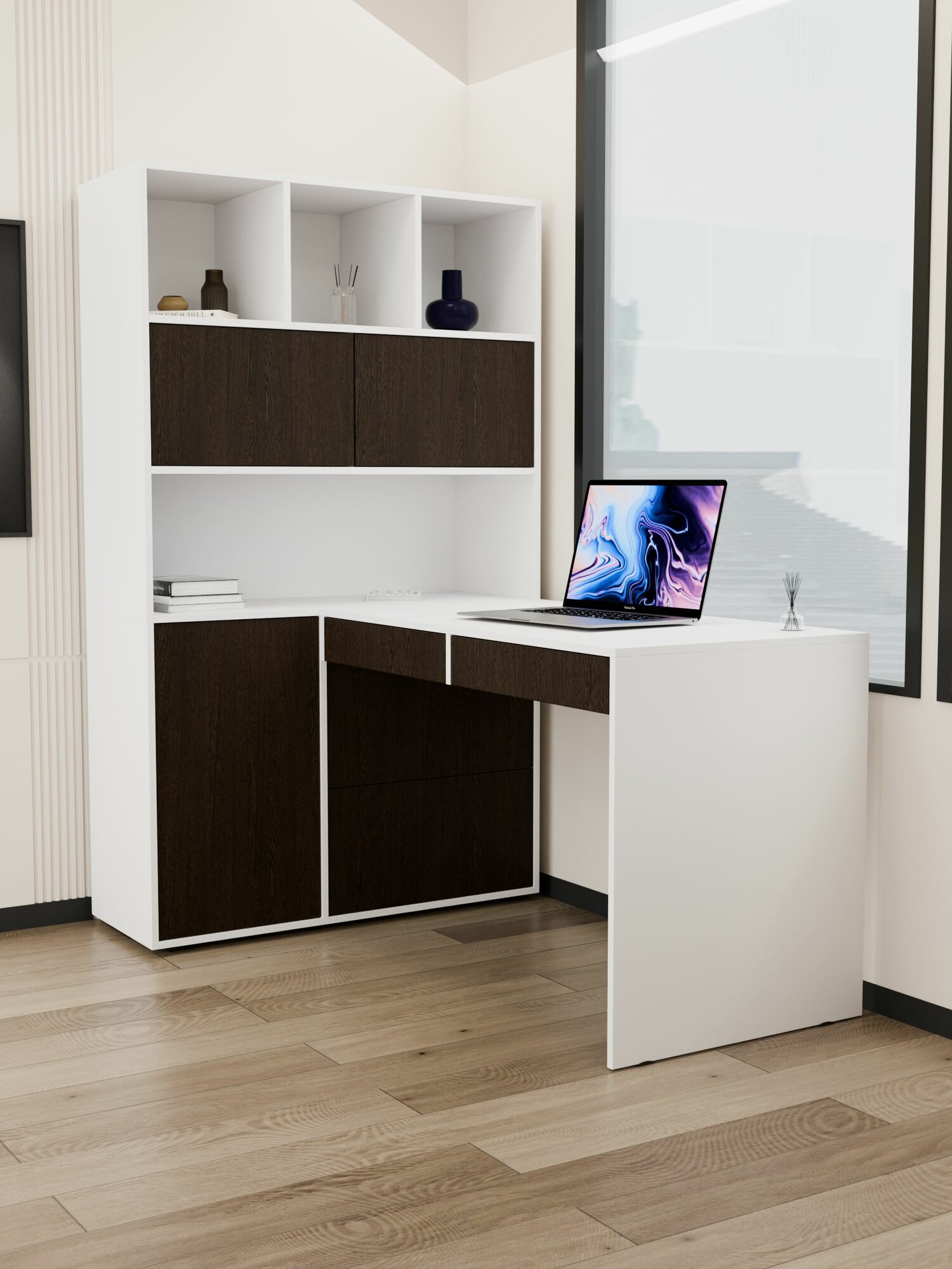 Изумлит Стол-шкаф письменный угловой для учебы и работы, шкаф слева 168х100х147.6 см, белый-венге