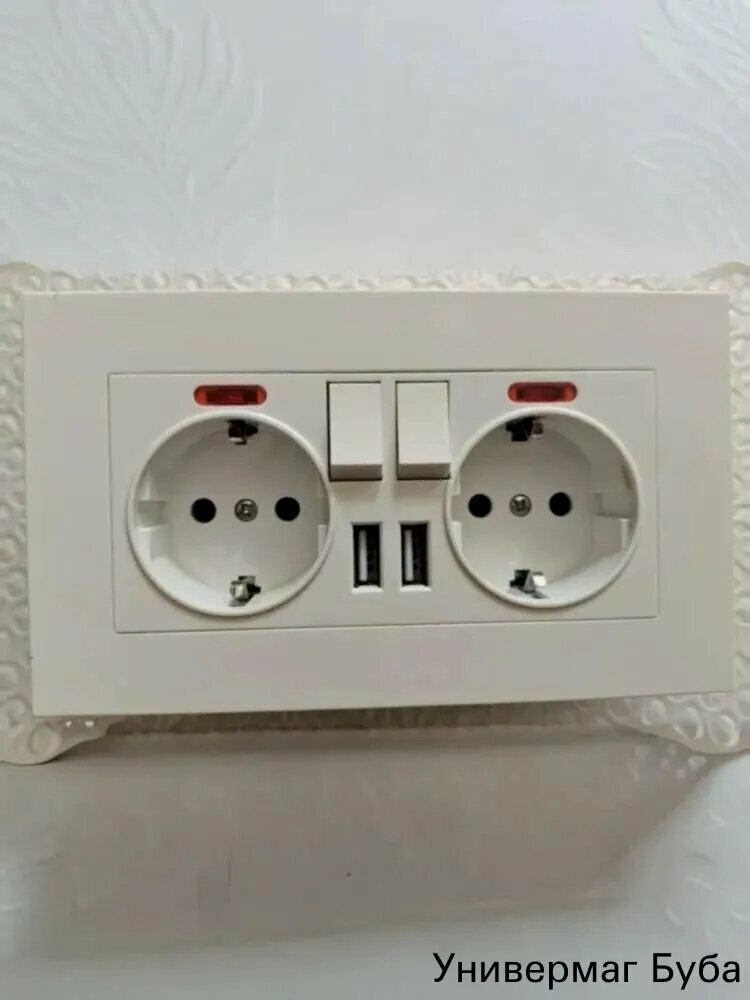 Розетка двойная накладная с 2 USB портами для открытого или скрытого монтажа