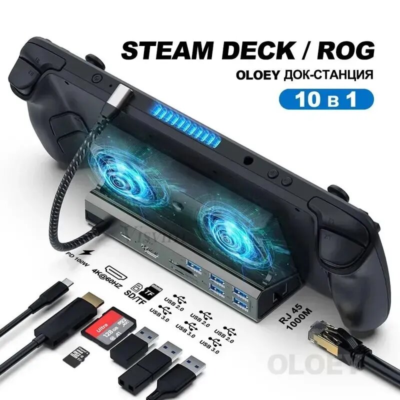 Док-станция Steam Deck с 2 вентиляторами, мультимедийным интерфейсом HD 4K60Hz, USB3.0, Gigabit RJ45, для ASUS Rog Ally, док-станцией Switch, с зарядным портом PD 100 Вт