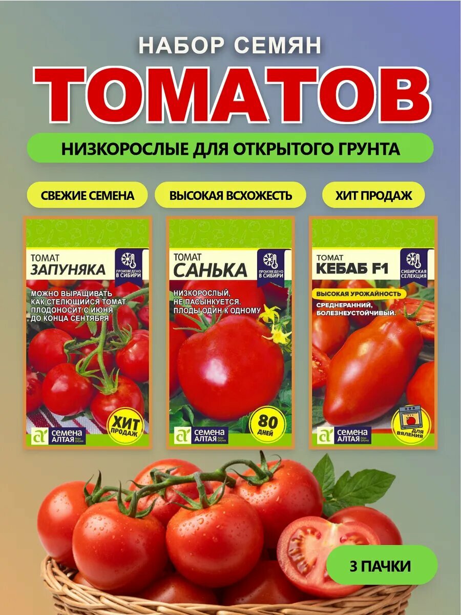 Низкорослые томаты для открытого грунта, 3 сорта от Семена Алтая