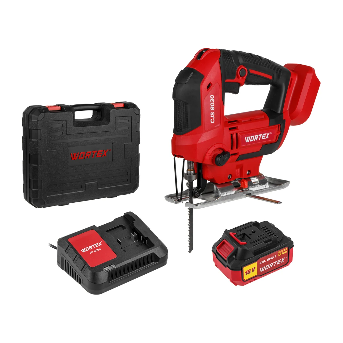 Лобзик аккумуляторный Wortex CJS 8030 ALL1 (1333371), 18 В, 3000 об/мин, 4 А*ч, красный