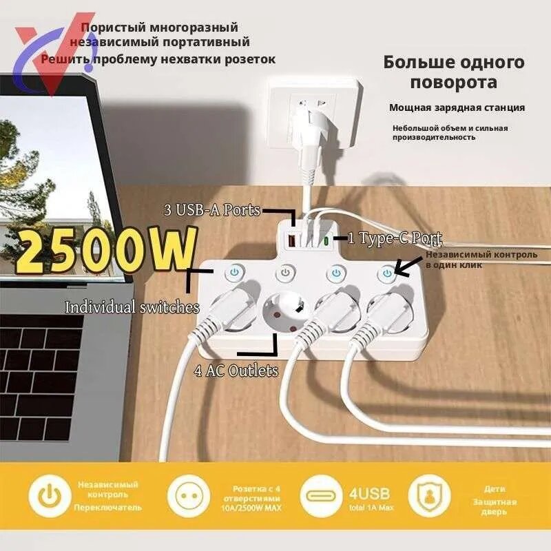 Преобразователь 1-в-4 европейского стандарта, 3USB+1C, независимое управление