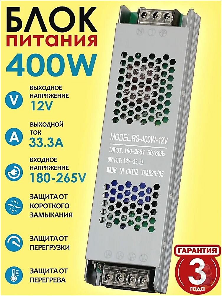 Блок питания для светодиодной ленты, 12В, 400 Вт, IP20
