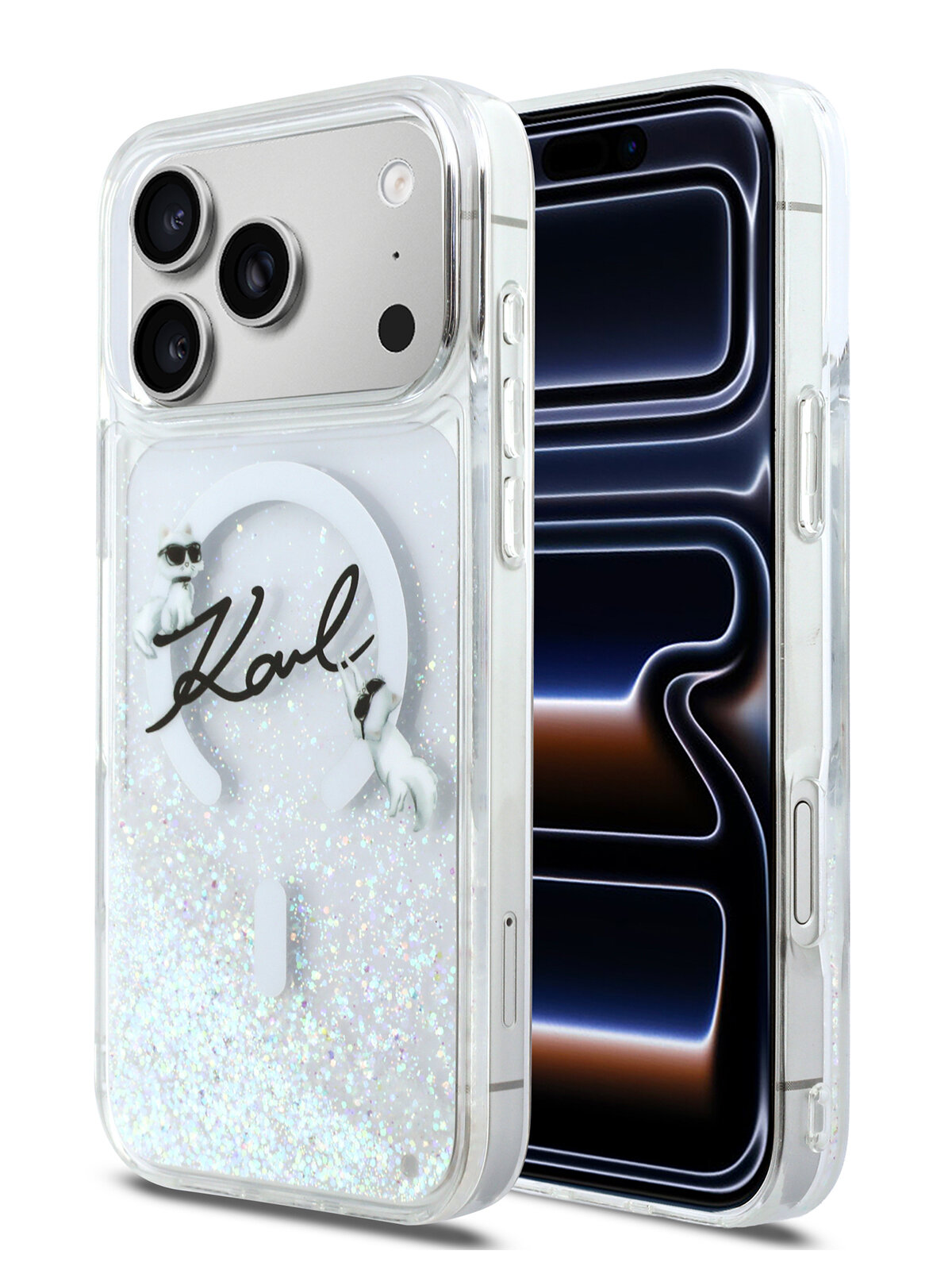 Чехол Karl Lagerfeld на iPhone 17 Pro, с магнитами MagSafe, Liquid Glitter с жидкими блестками, прозрачный