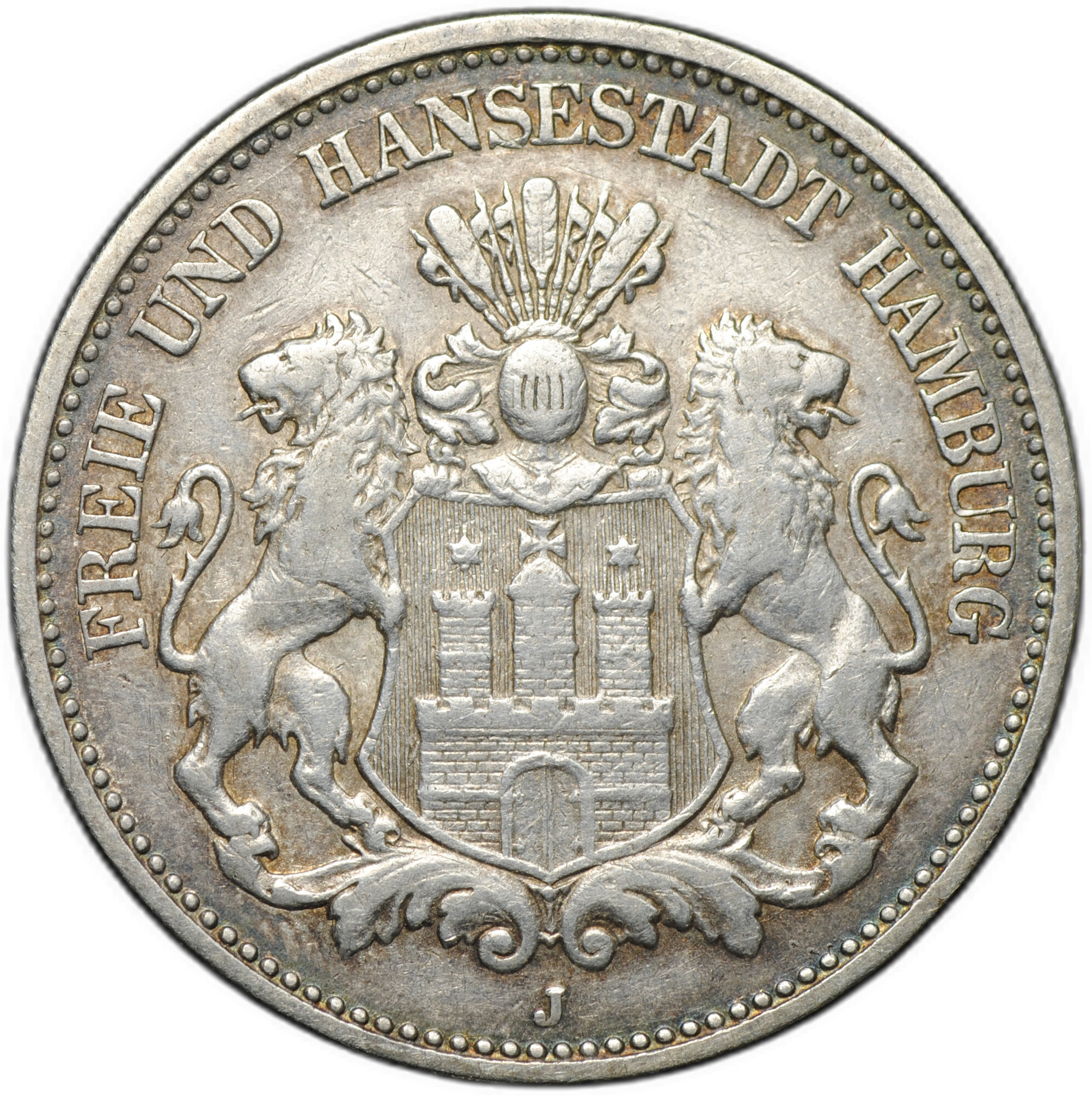 Монета 2 марки 1908 J Гамбург Германия