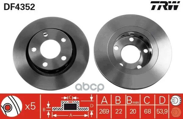 Тормозной диск AUDI A6 1998-05, VW PASSAT 2001-05 Rear TRW арт. DF4352