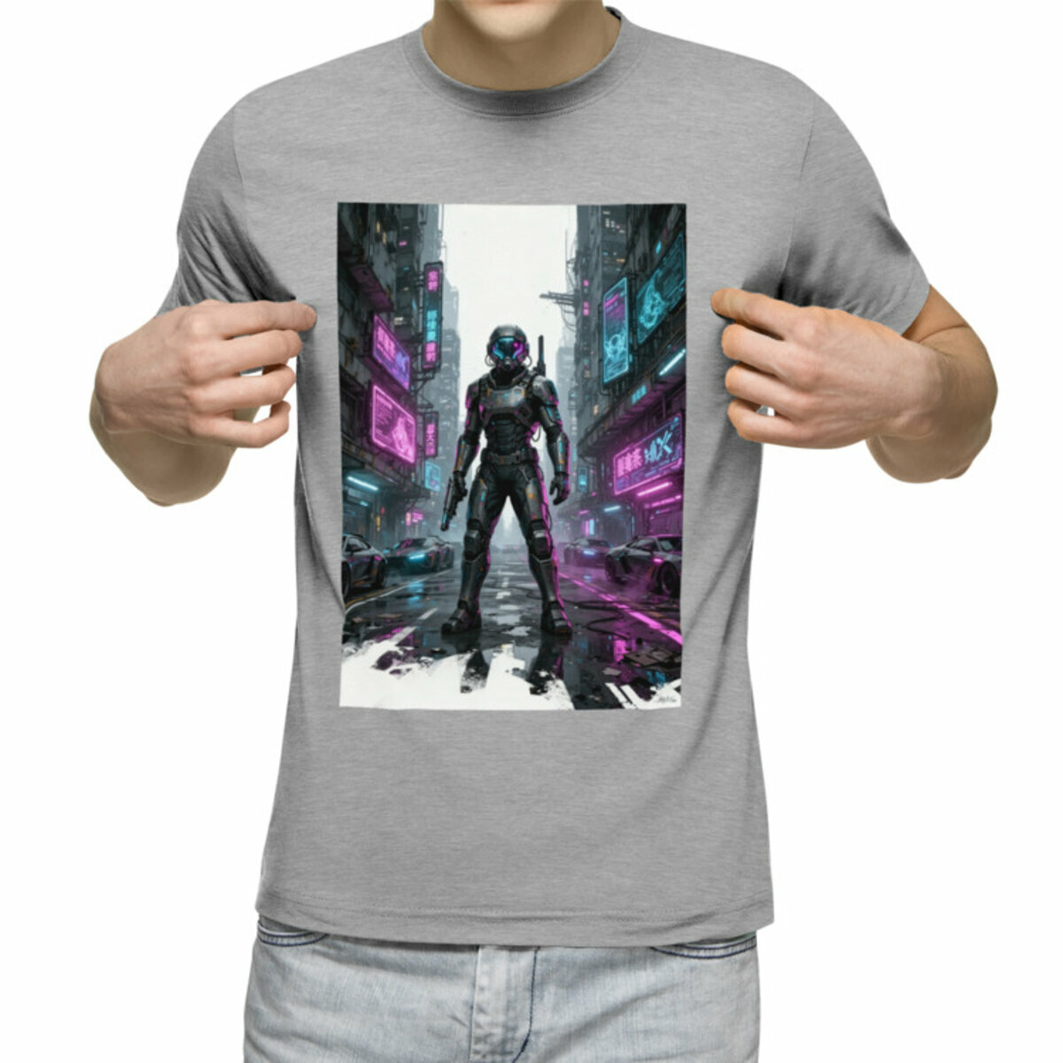 Мужская футболка «Воин киберпанка Cyberpunk» (серый меланж, S)