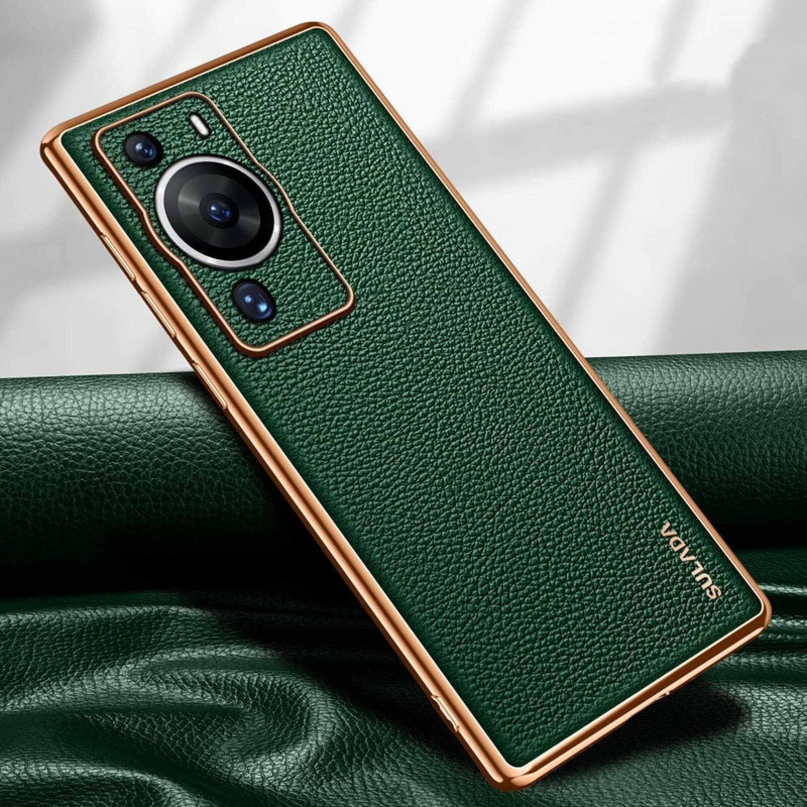 Чехол-бампер MyPads для Huawei P60 / P60 Pro из импортной кожи на металлической основе, зеленый
