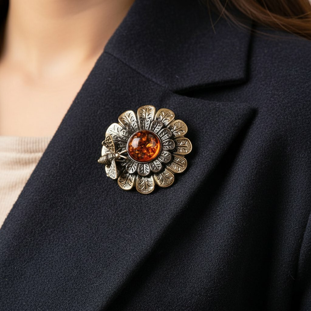 Брошь, янтарь